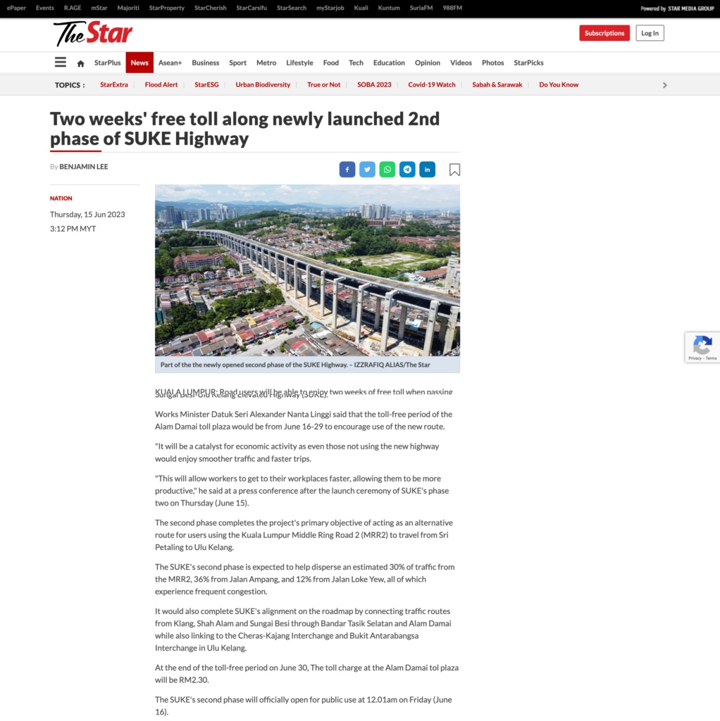 THE STAR | TWO WEEKS' FREE TOLL ALONG NEWLY LAUNCHED 2ND PHASE OF SUKE ...